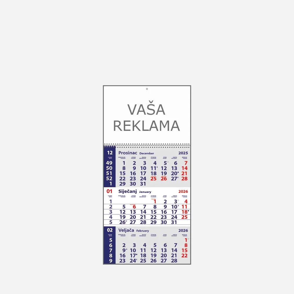 Poslovni tromjesečni kalendar mali A4 2026 - kalendari.com.hr